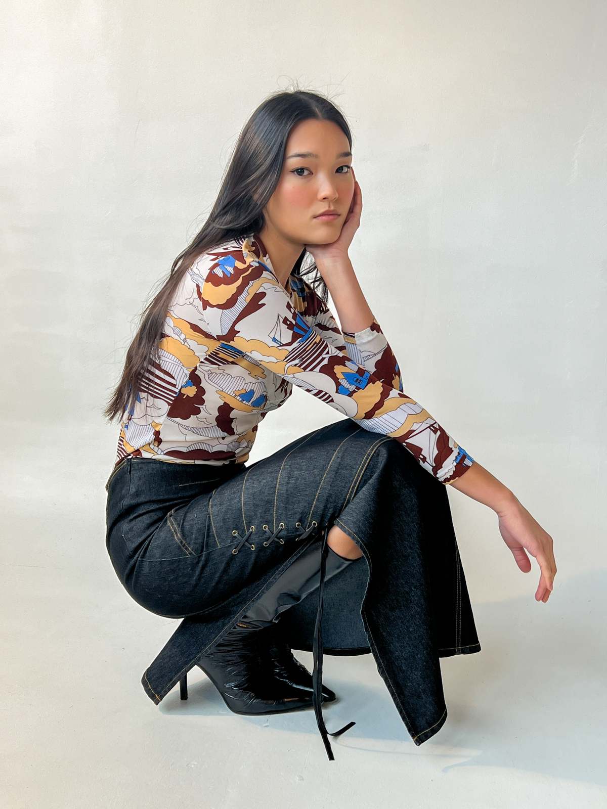 Denim Paneled Lace Up Skirt | Garmentory