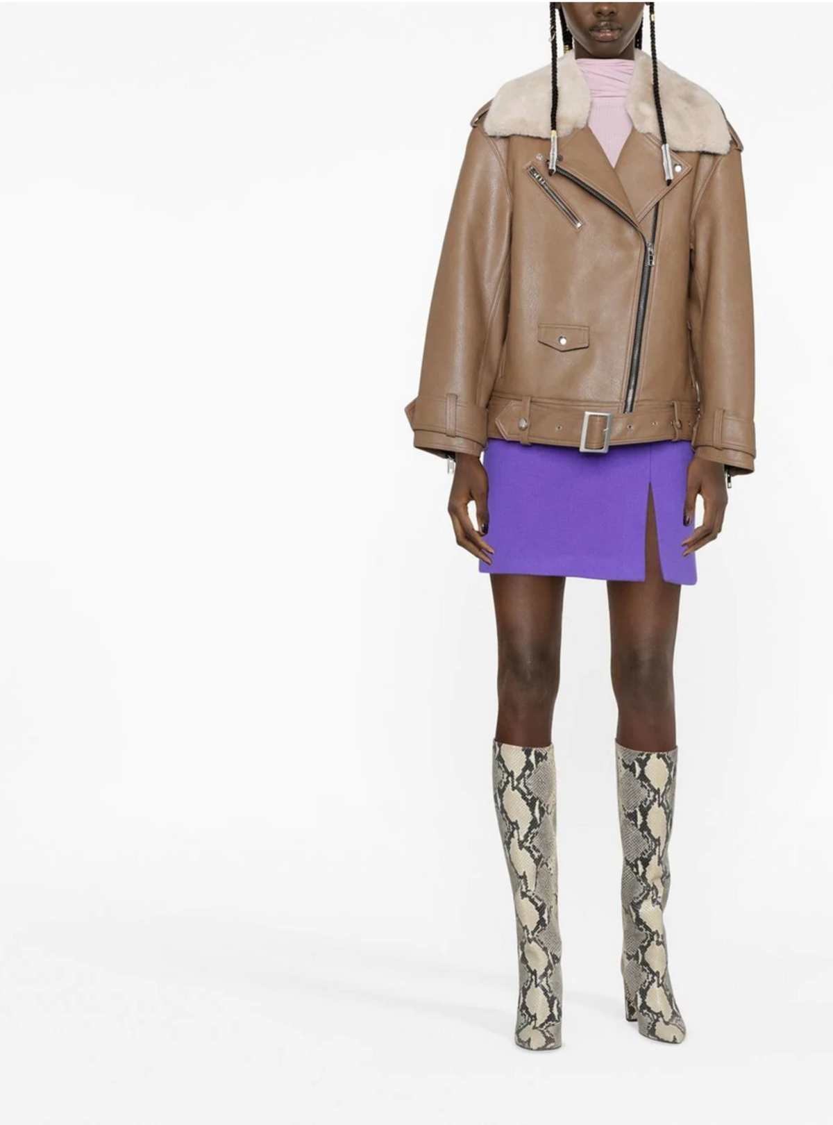 Stand Jade Faux Leather Rich Grain Biker Jacket - Taupe | Garmentory
