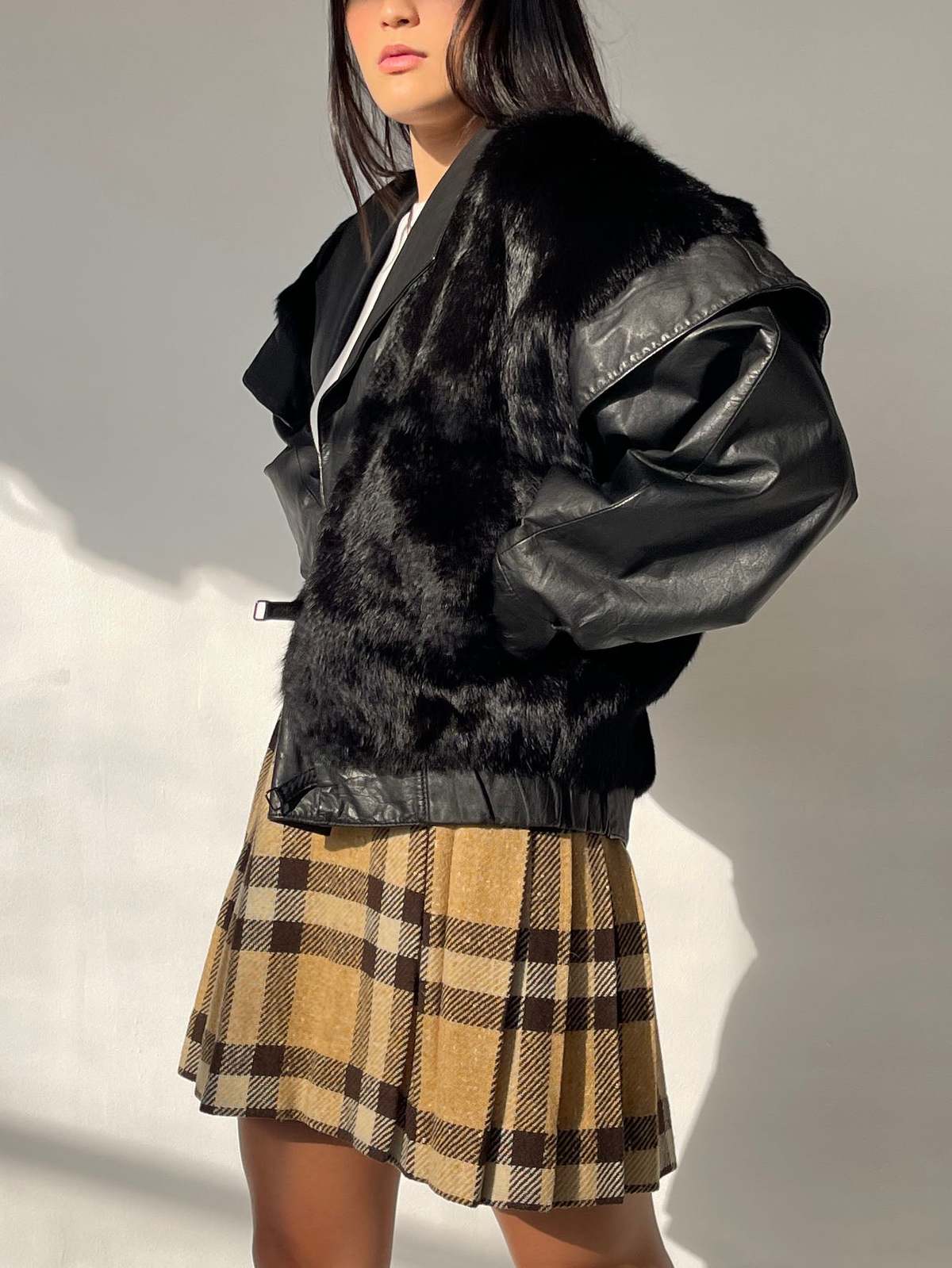 Fur Panel Leather Jacket - Black | Garmentory