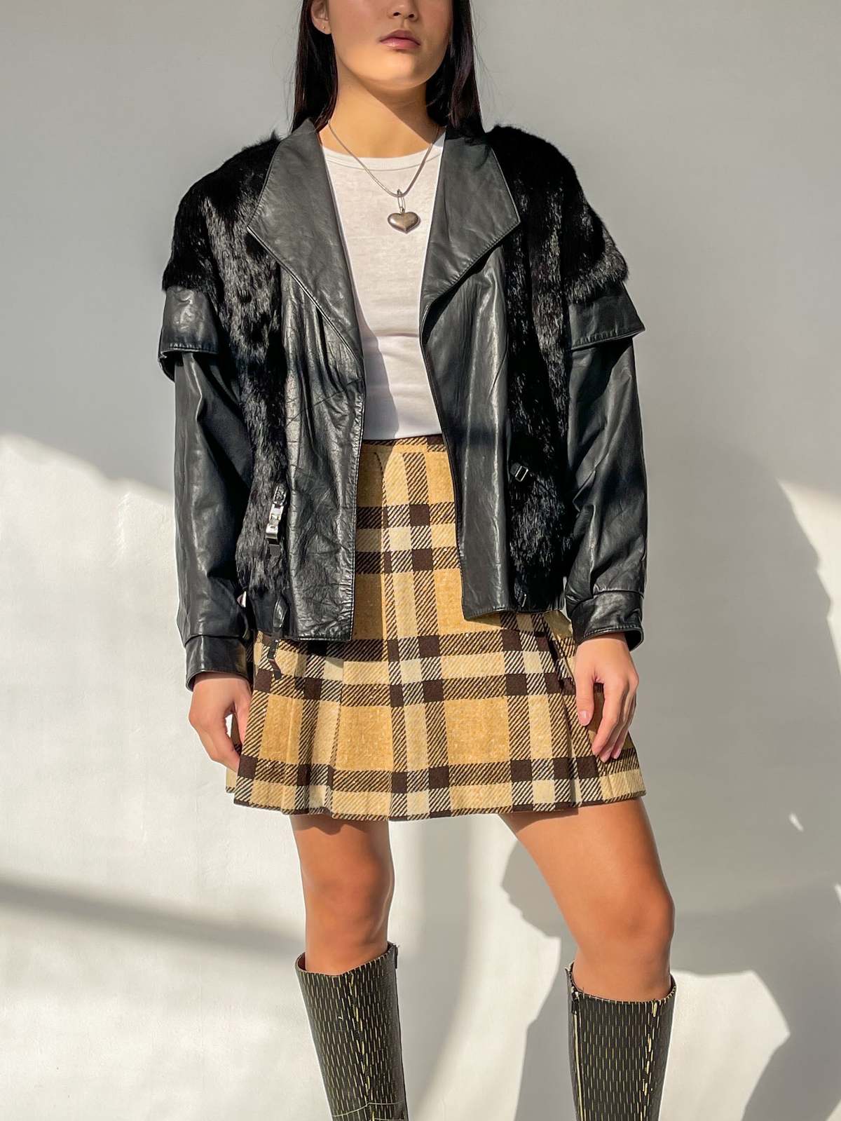 Fur Panel Leather Jacket - Black | Garmentory