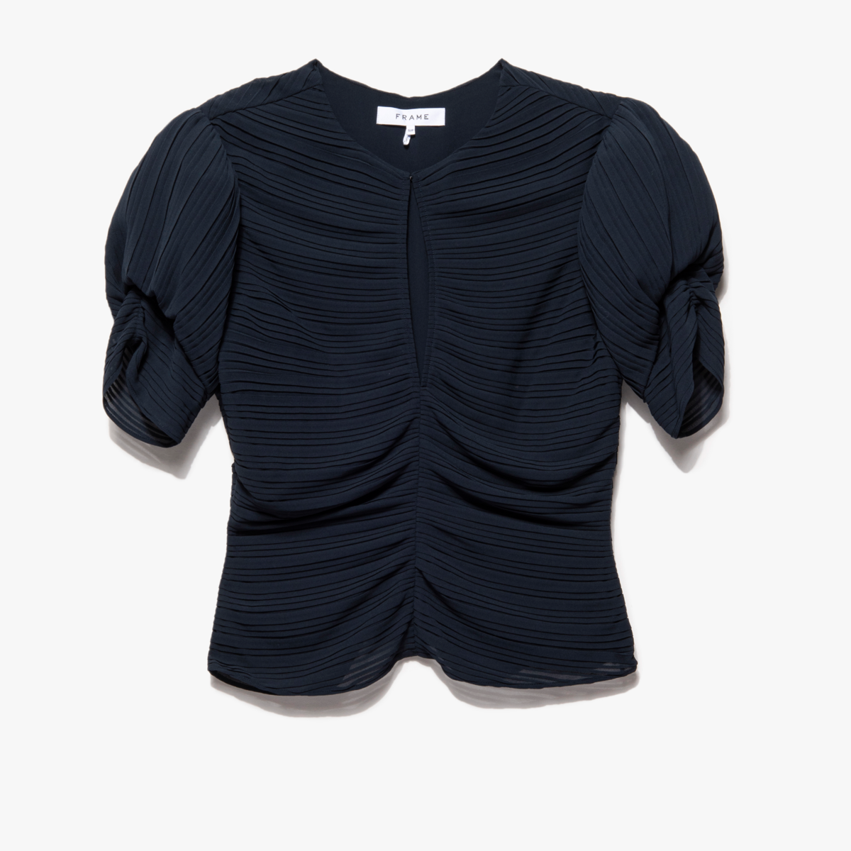 Frame Denim Ruched Sleeve Keyhole Top - Navy | Garmentory