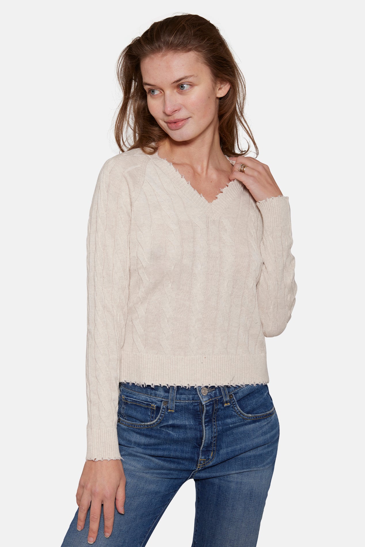 Blue&Cream Amber Cable V Neck Sweater - Oatmeal | Garmentory