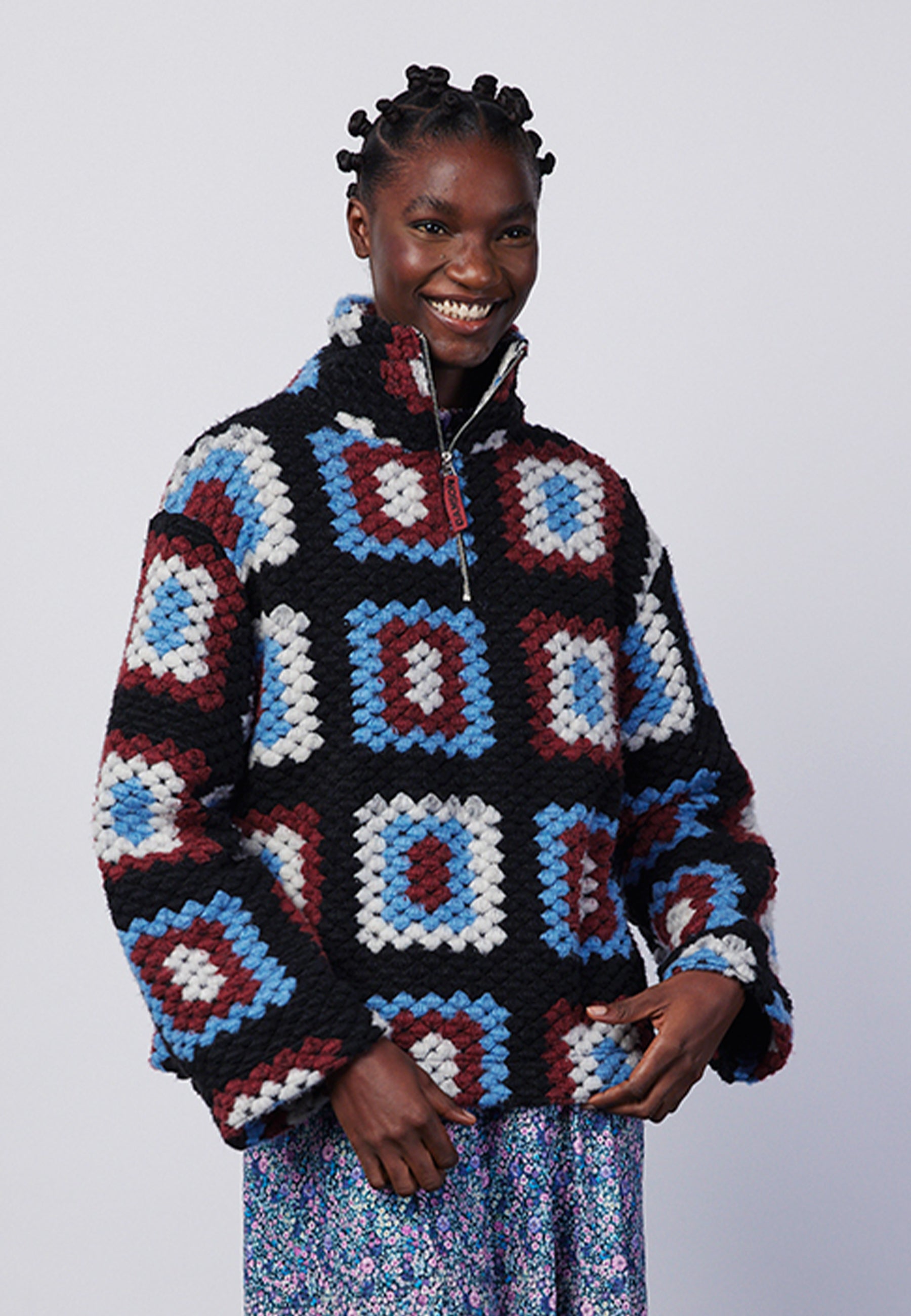 DAMSON MADDER Agnes Knitted Crochet Half Zip - Black | Garmentory