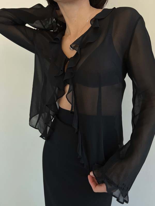 Vintage Sheer Silk Cascading Low Plunge Blouse - Onyx | Garmentory