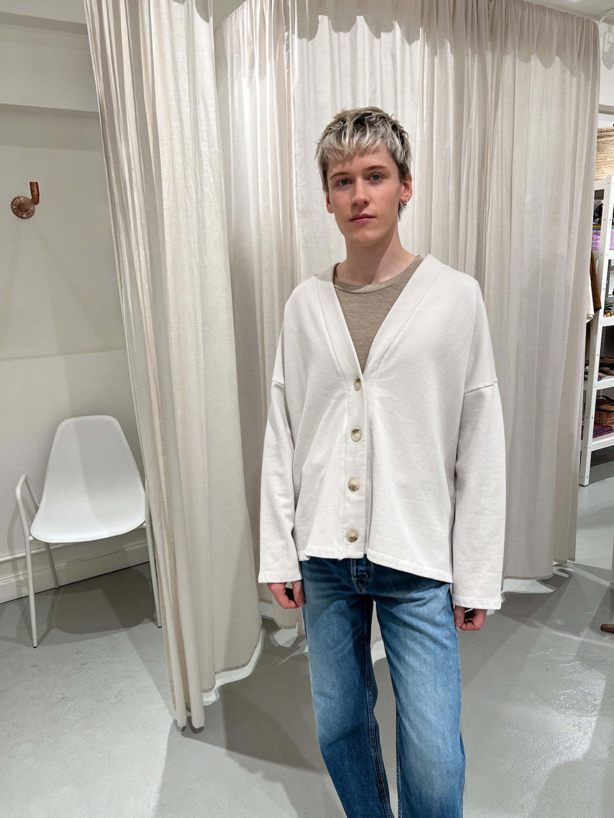 No Less Than Twill Loop Terry Boxy Cardigan - Bone | Garmentory