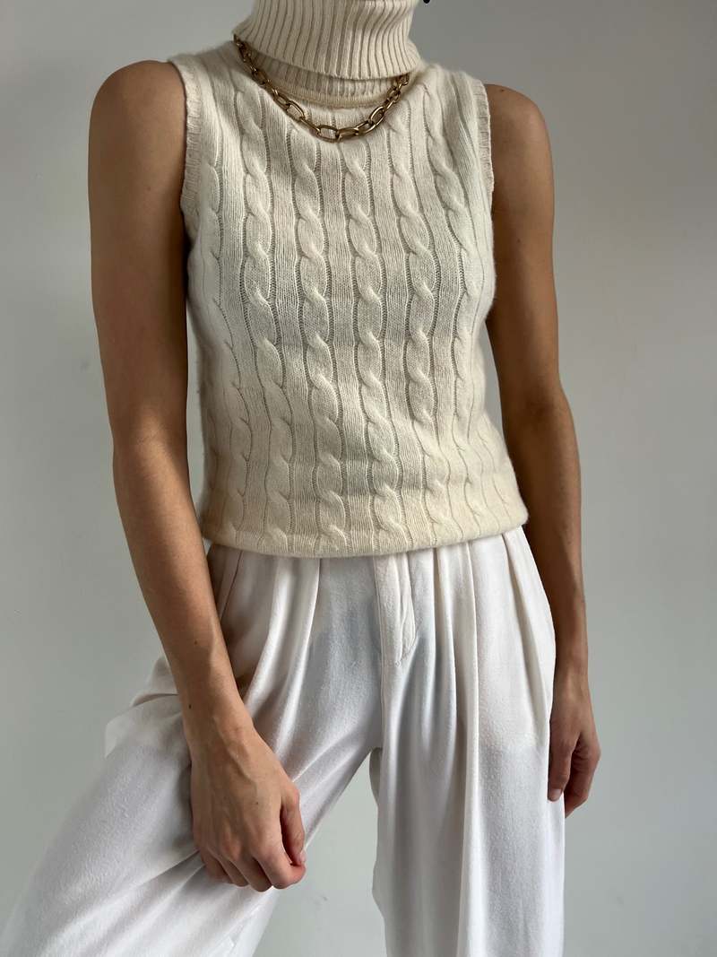 Vintage Cashmere Cable Knit Sleeveless Turtleneck - Ivory | Garmentory