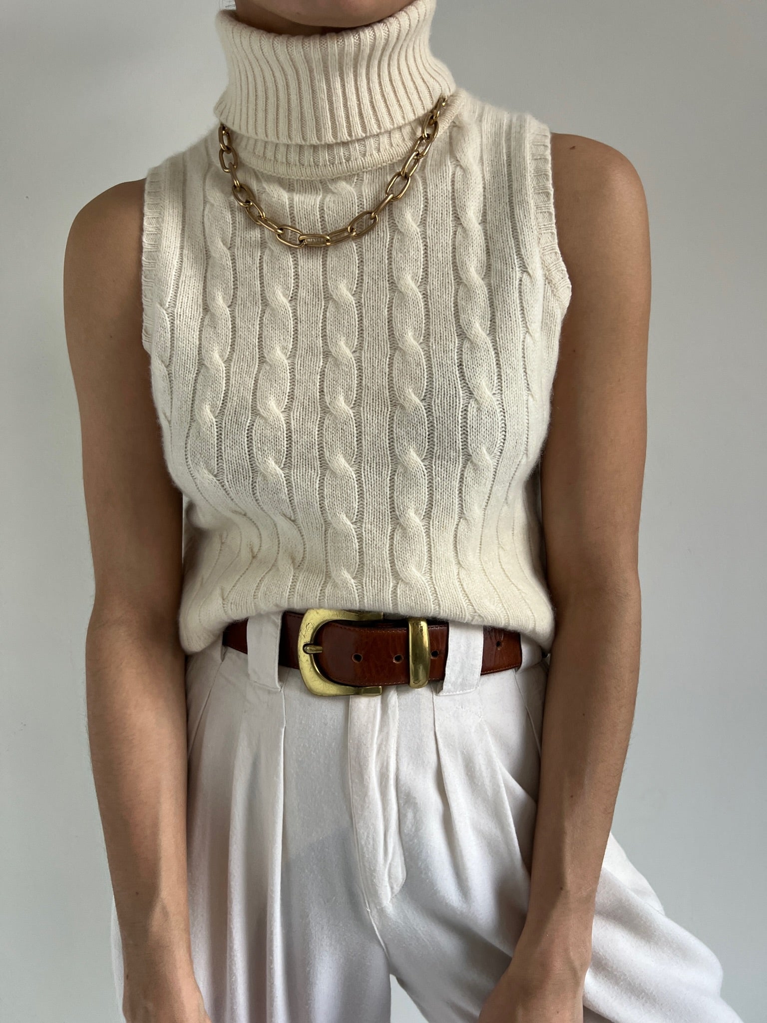 Vintage Cashmere Cable Knit Sleeveless Turtleneck - Ivory | Garmentory