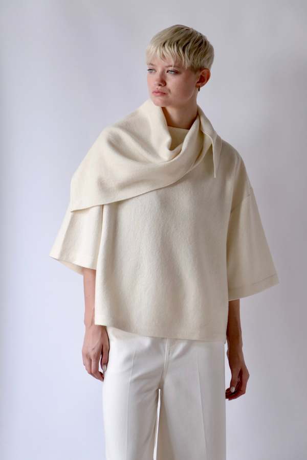 Tibi Boiled Wool Sculpted Funnel Neck Top - Ivory | Garmentory