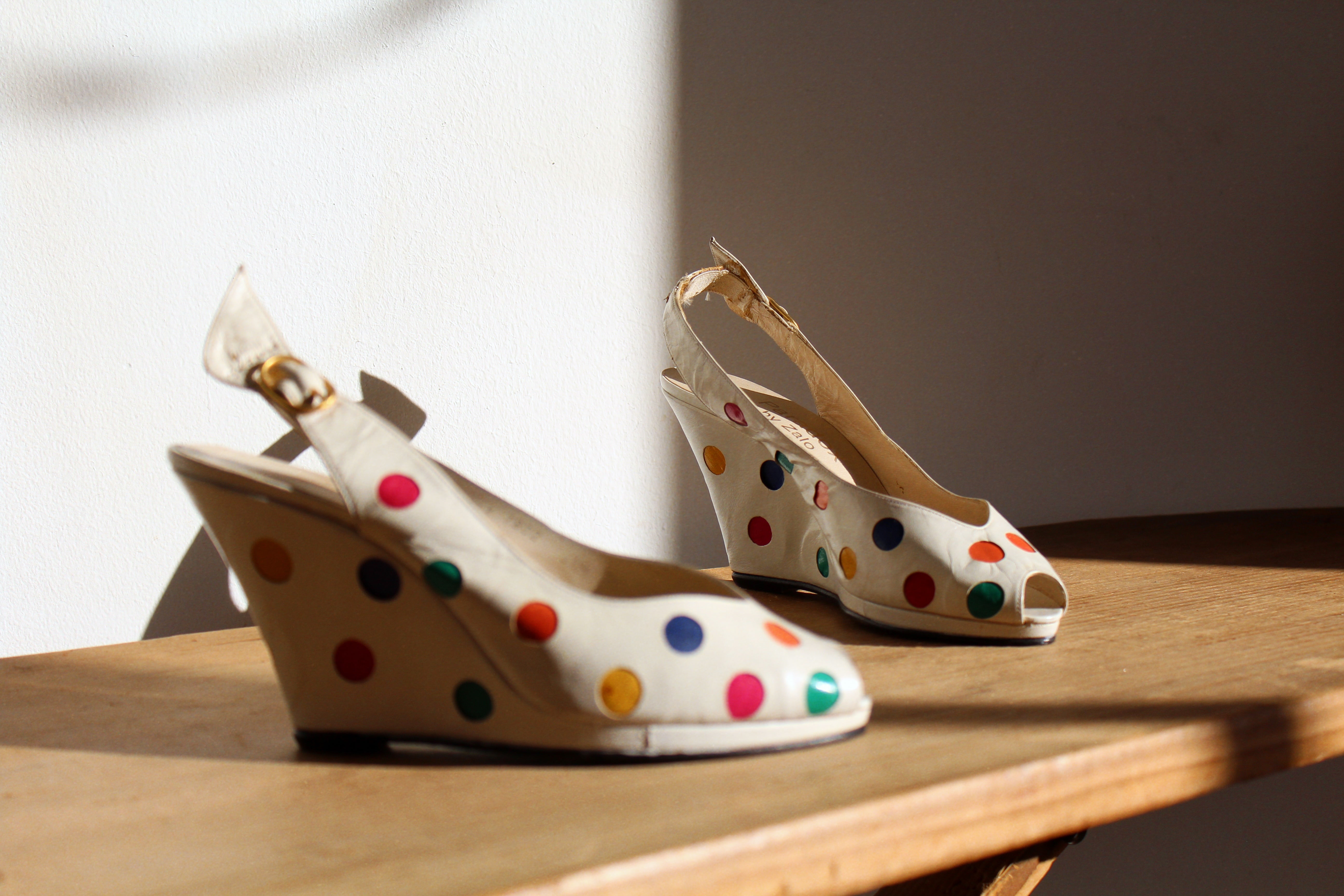 1980s does 1940s Leather Polka Dot Sling Back Wedges - White | Garmentory