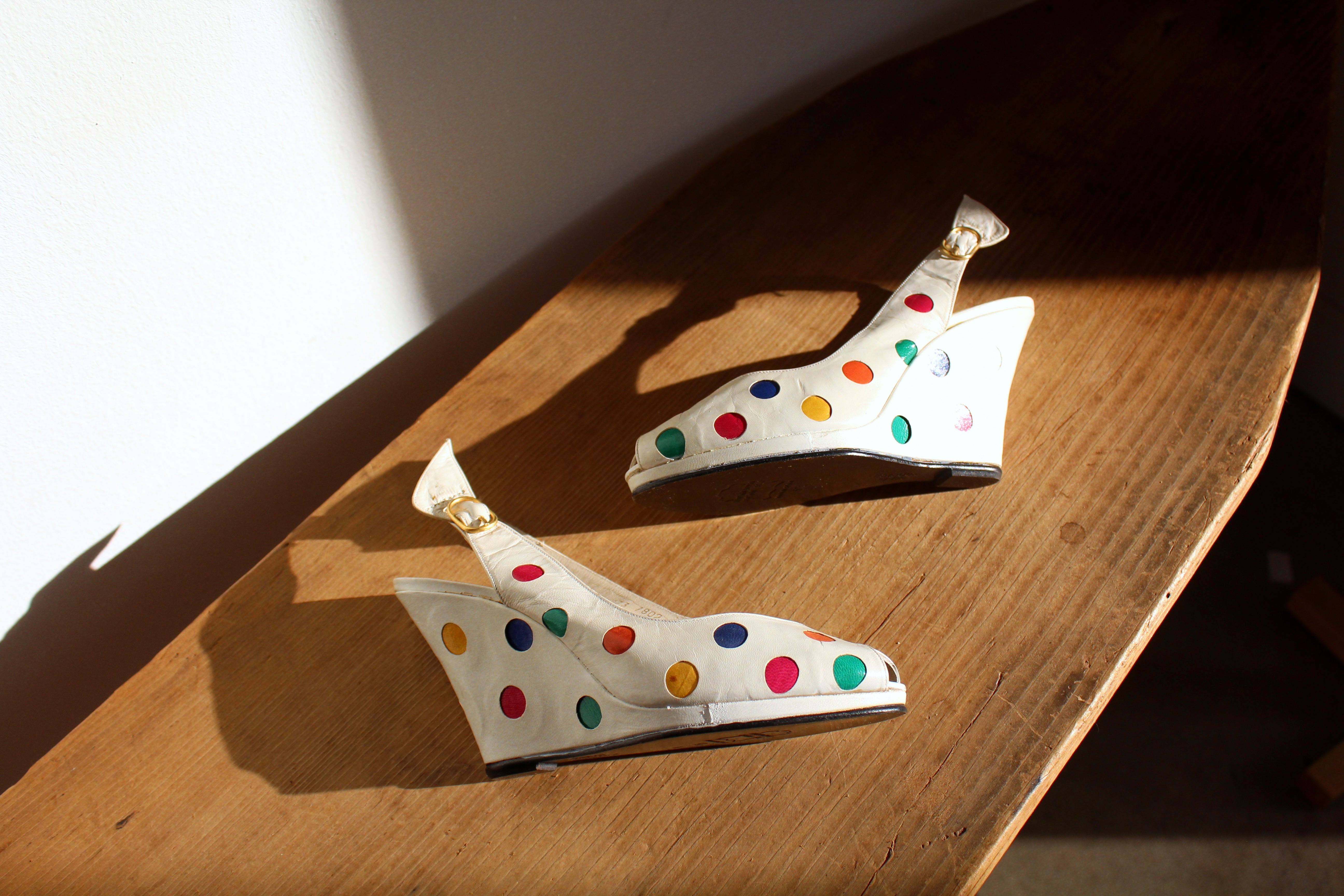 1980s does 1940s Leather Polka Dot Sling Back Wedges - White | Garmentory