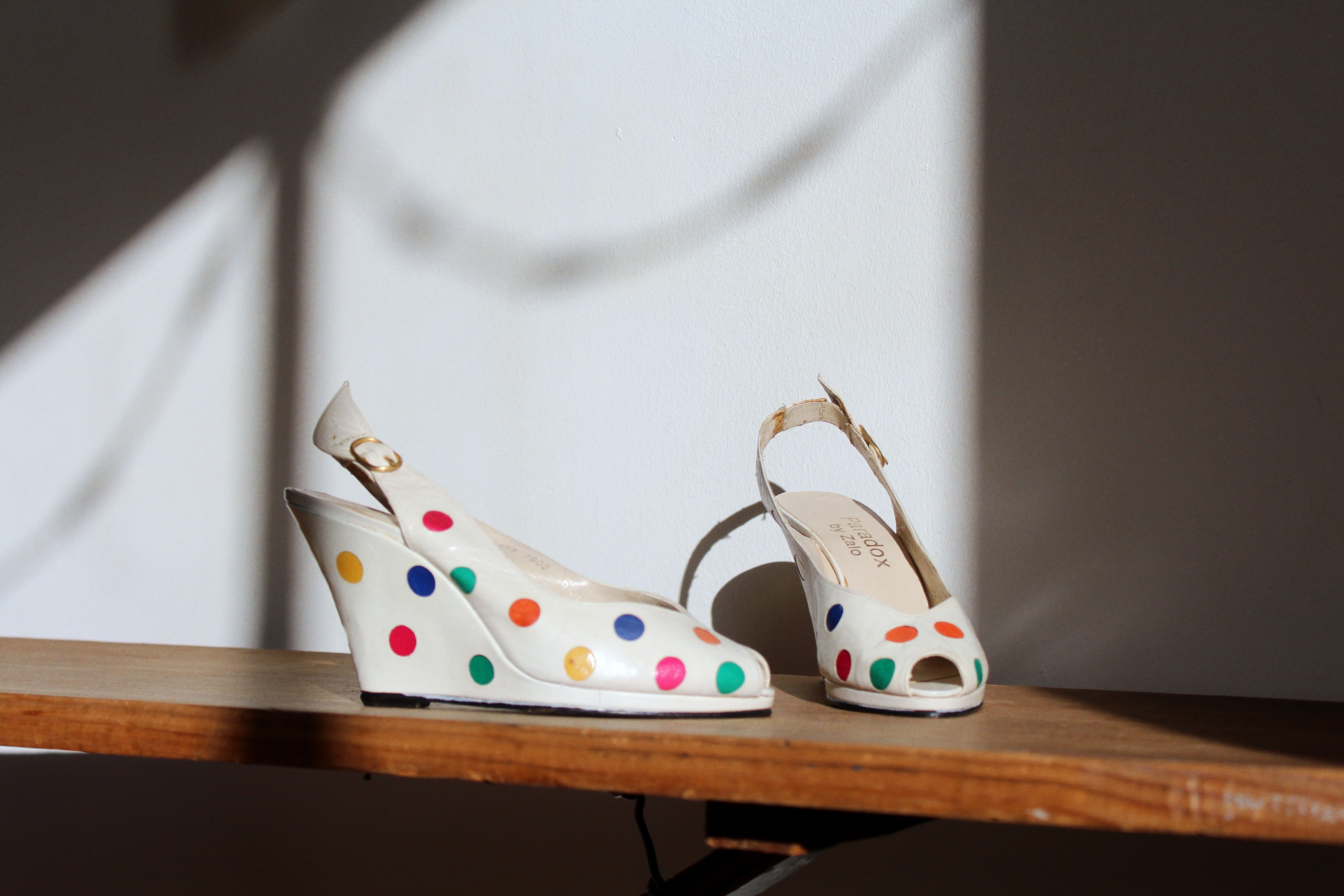 1980s does 1940s Leather Polka Dot Sling Back Wedges - White | Garmentory