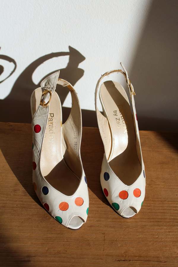 1980s does 1940s Leather Polka Dot Sling Back Wedges - White | Garmentory