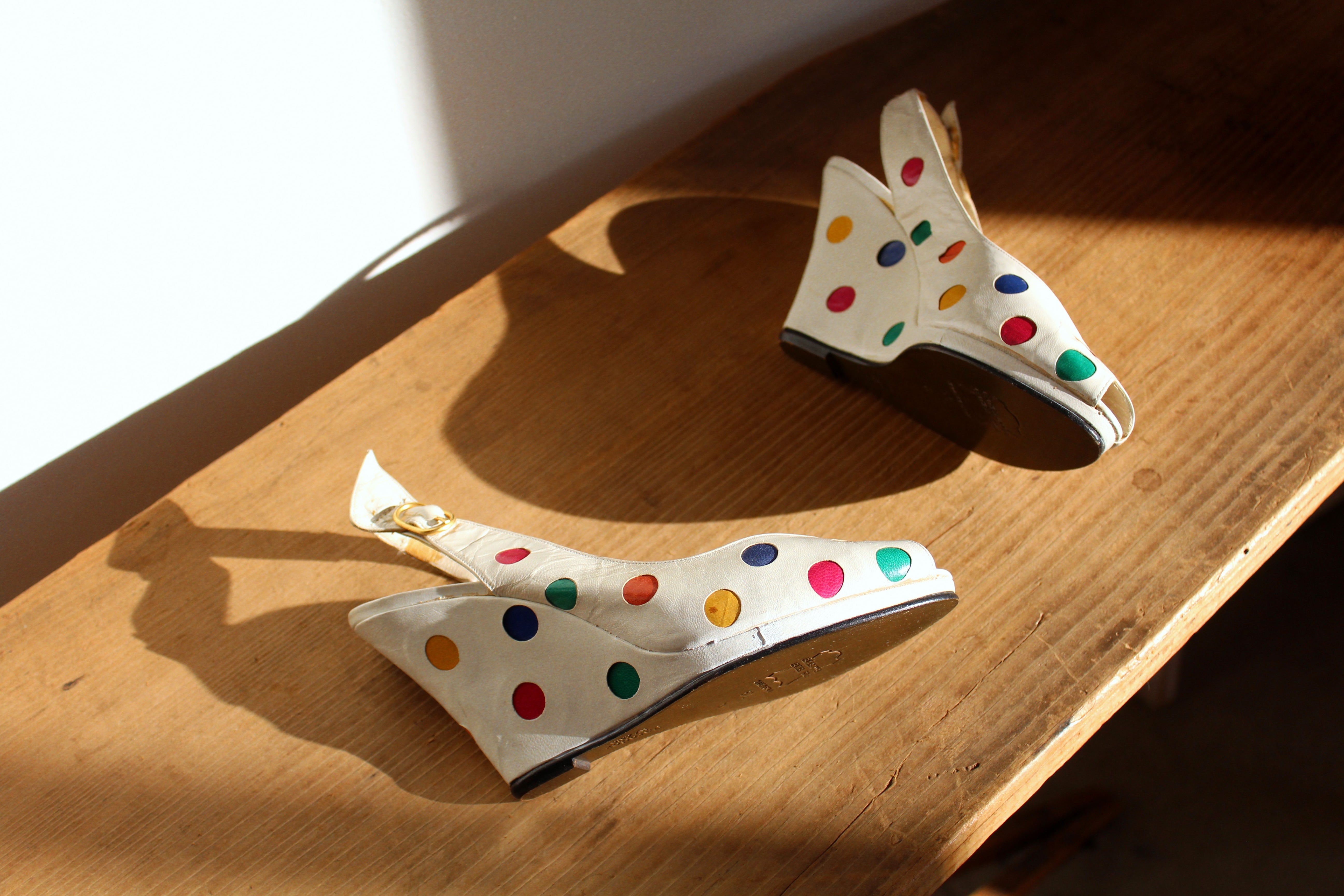 1980s does 1940s Leather Polka Dot Sling Back Wedges - White | Garmentory