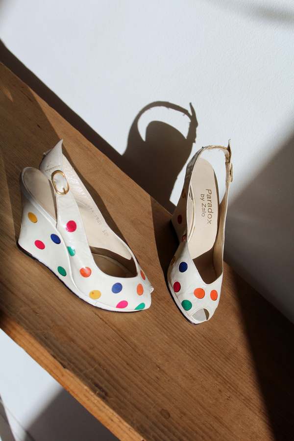 1980s does 1940s Leather Polka Dot Sling Back Wedges - White | Garmentory