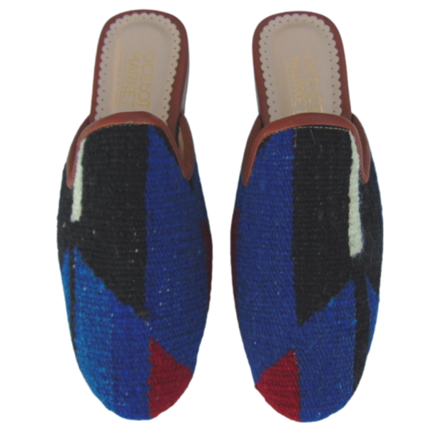 Ocelot Market Women's Turkish Kilim Mule - Blue/Black with Red | Garmentory