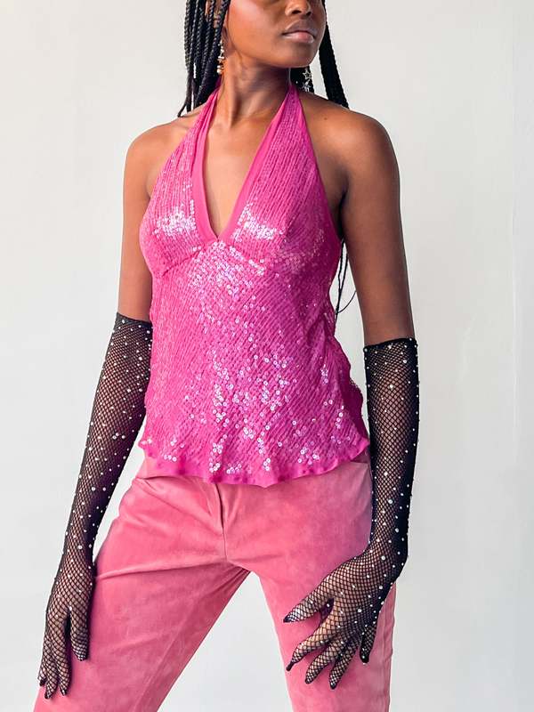 Sequin Silk Halter Top Pink Garmentory