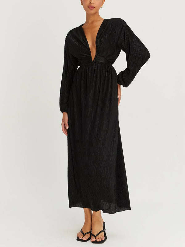 Crescent Pleated Satin Midi Dress - Black | Garmentory