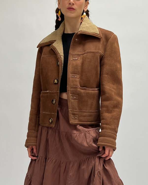 Cropped Shearling Coat - Brown | Garmentory