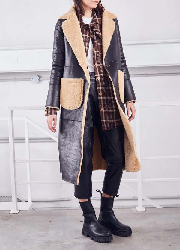 Alma Lobo Flex Shearling Coat - Black/Green/Chocolate | Garmentory