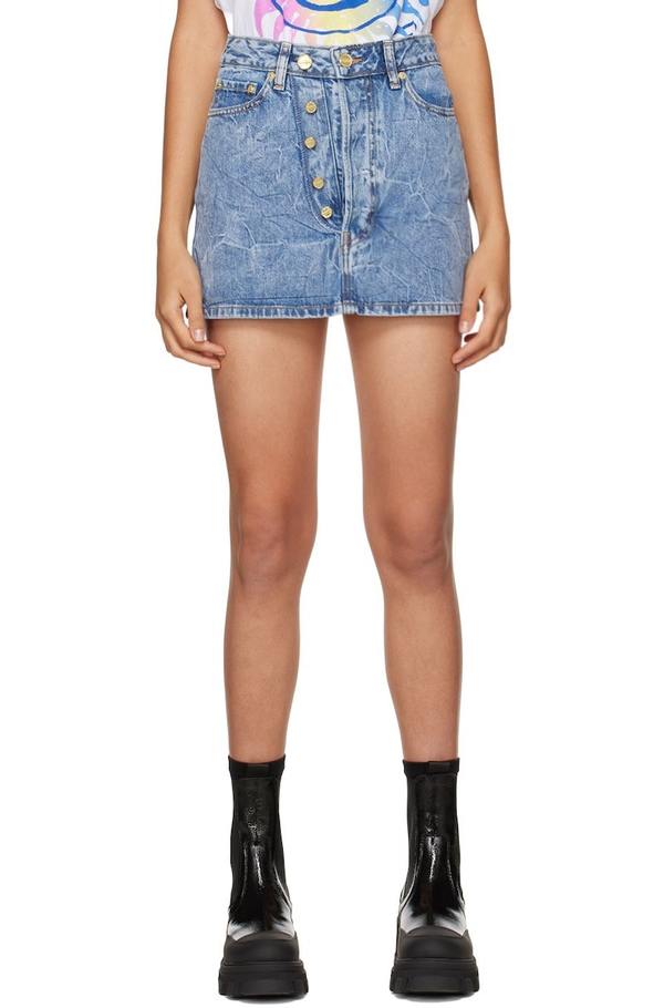 GANNI Crinkle Denim Miniskirt - Mid Blue Stone | Garmentory
