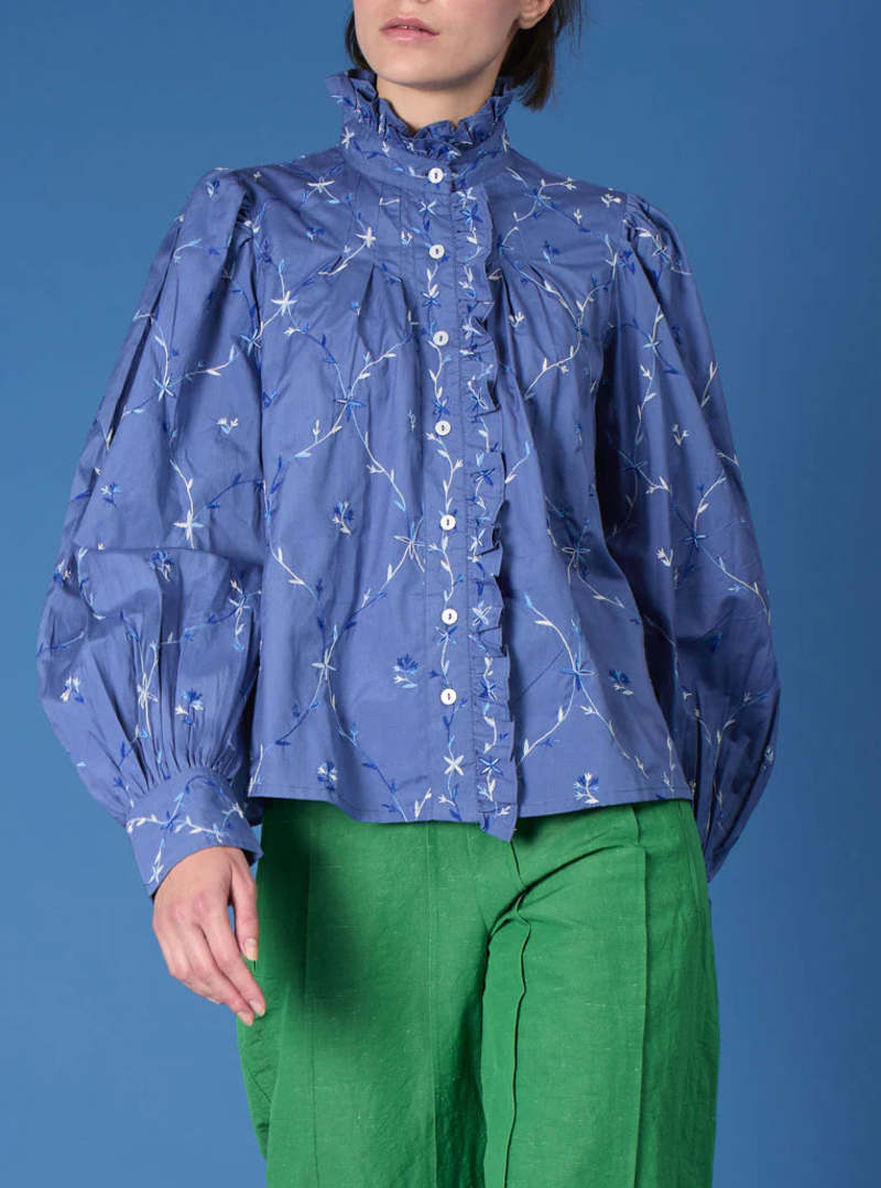 Thierry Colson Yana Blouse - Blue Embroidered Diamonds | Garmentory
