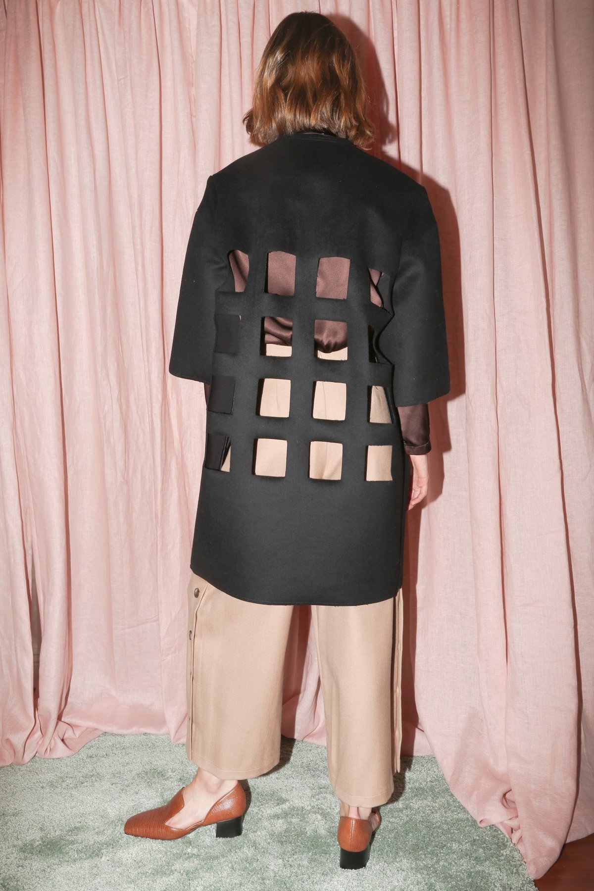 Nancy Stella Soto Bonded Wool Cut Out Coat in Black | Garmentory