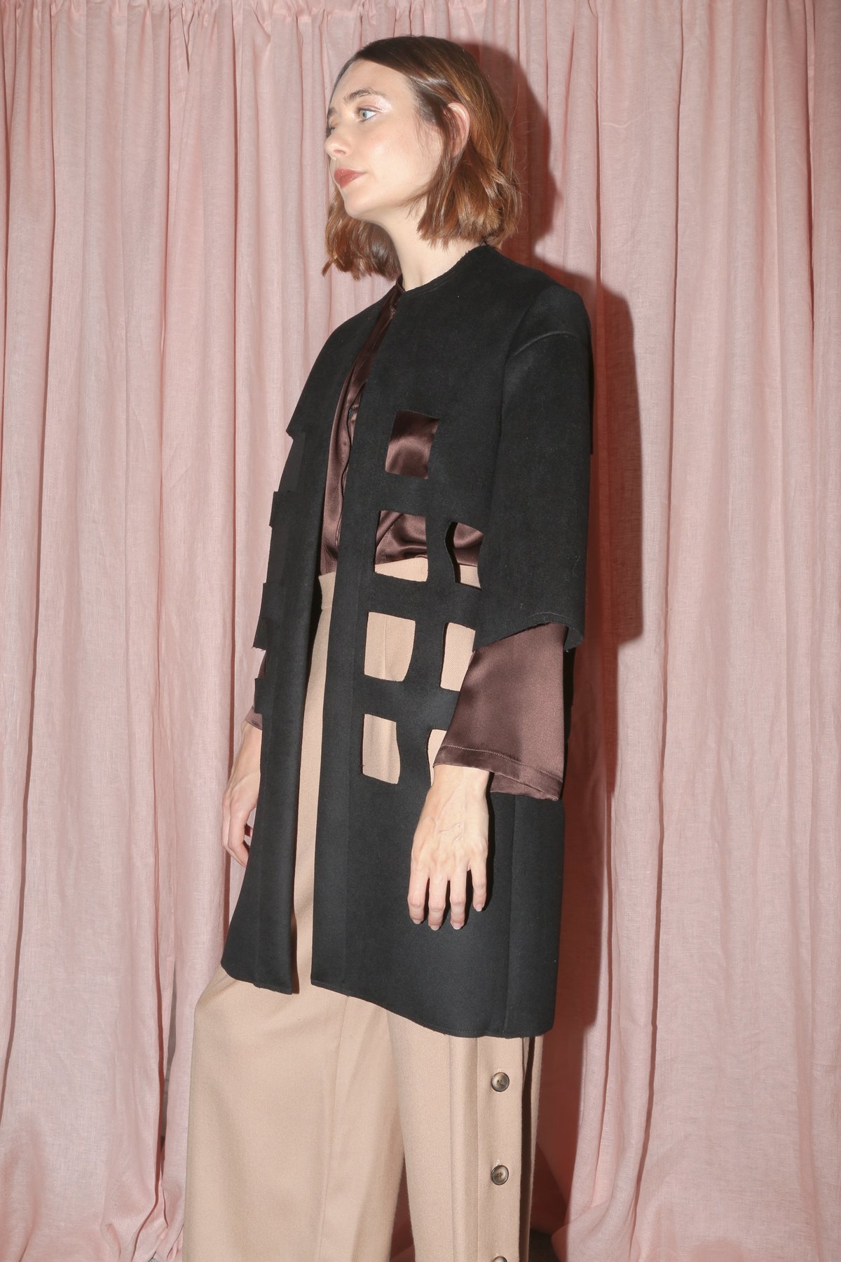Nancy Stella Soto Bonded Wool Cut Out Coat in Black | Garmentory