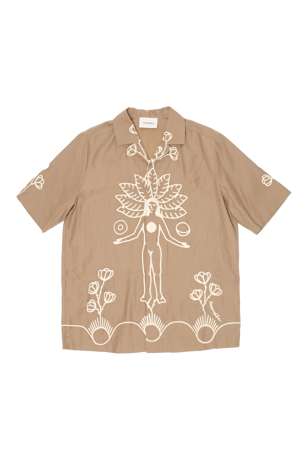 Nanushka Bodil Slub Shirting Embroidered SS Shirt - Fossil Brown ...