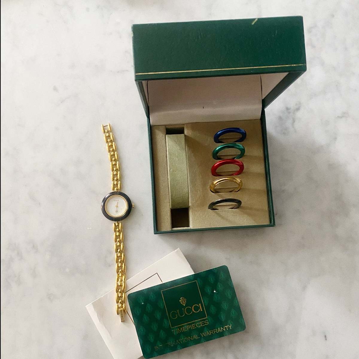 Vintage Tarin Thomas Gucci Interchangeable Colored Face Watch - Gold ...