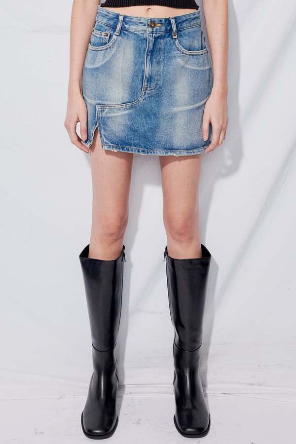 Denim Side-Slit Mini Skirt | Garmentory