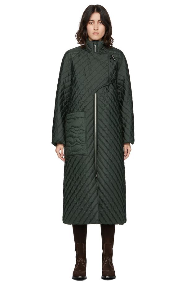 GANNI Quilted Recycled Ripstop Coat - Dark Green | Garmentory