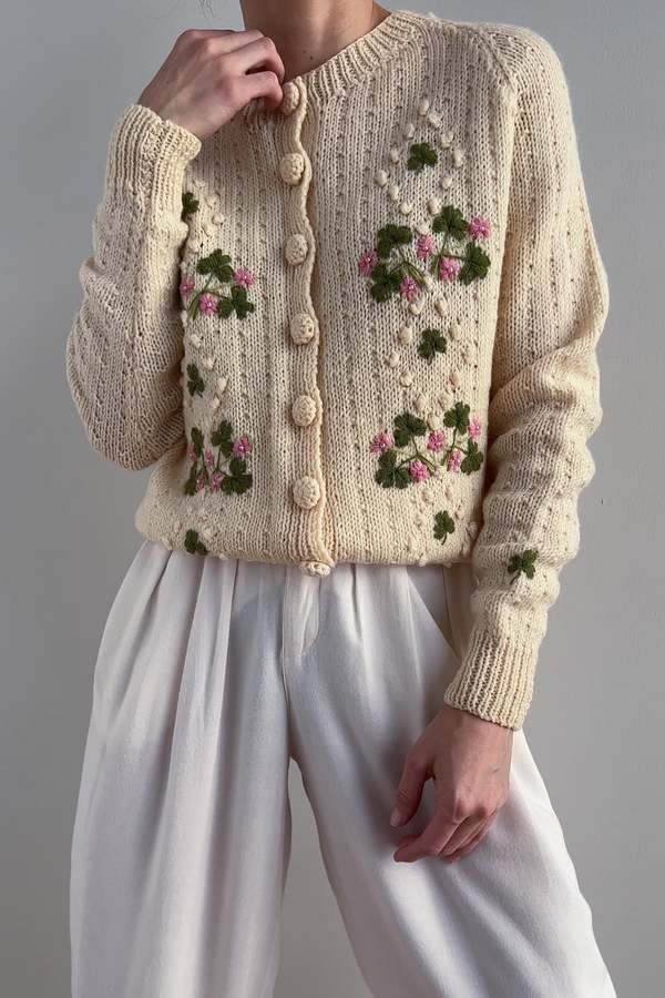 Vintage English Pure Wool Handknit Oxalis Cardigan - Ivory | Garmentory