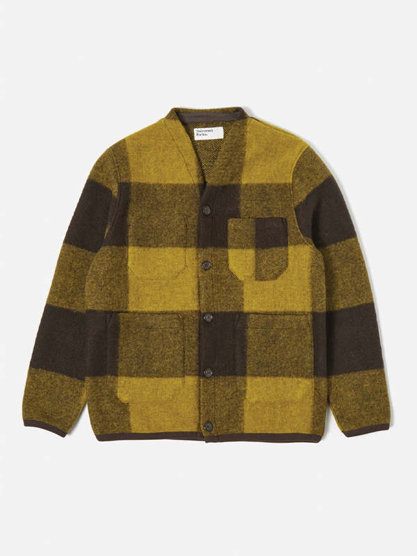 Universal Works Cardigan - Mustard/Brown Check | Garmentory