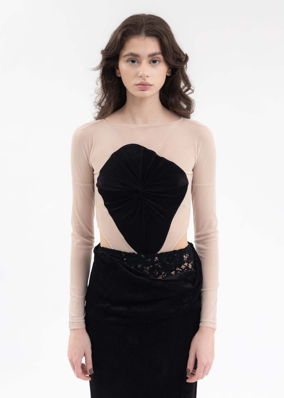 Oude Waag Velvet Patchwork And Nude Mesh Bodysuit - Black | Garmentory