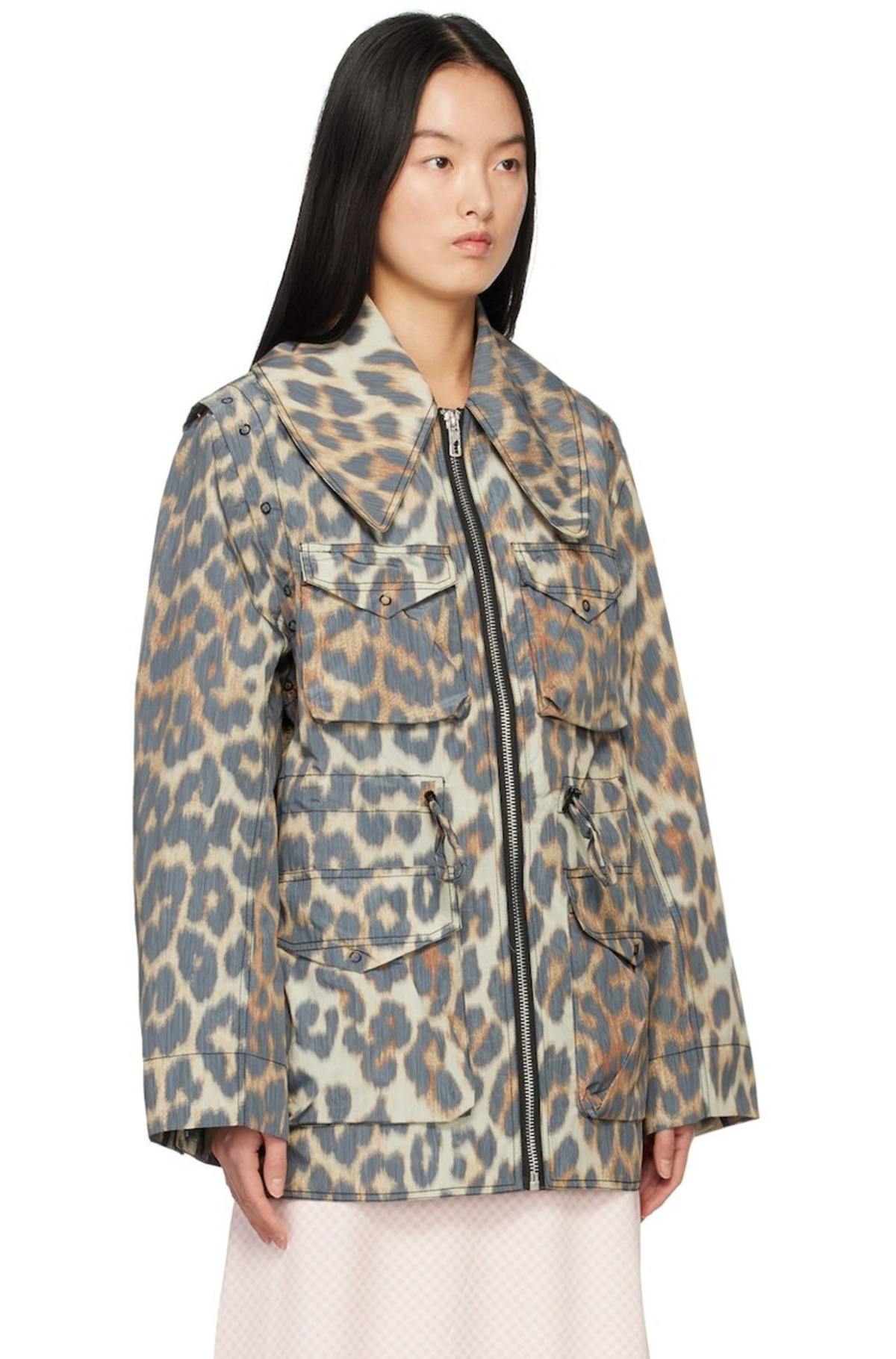 GANNI Crispy Shell Jacket - Big Leopard/Almond Beige | Garmentory