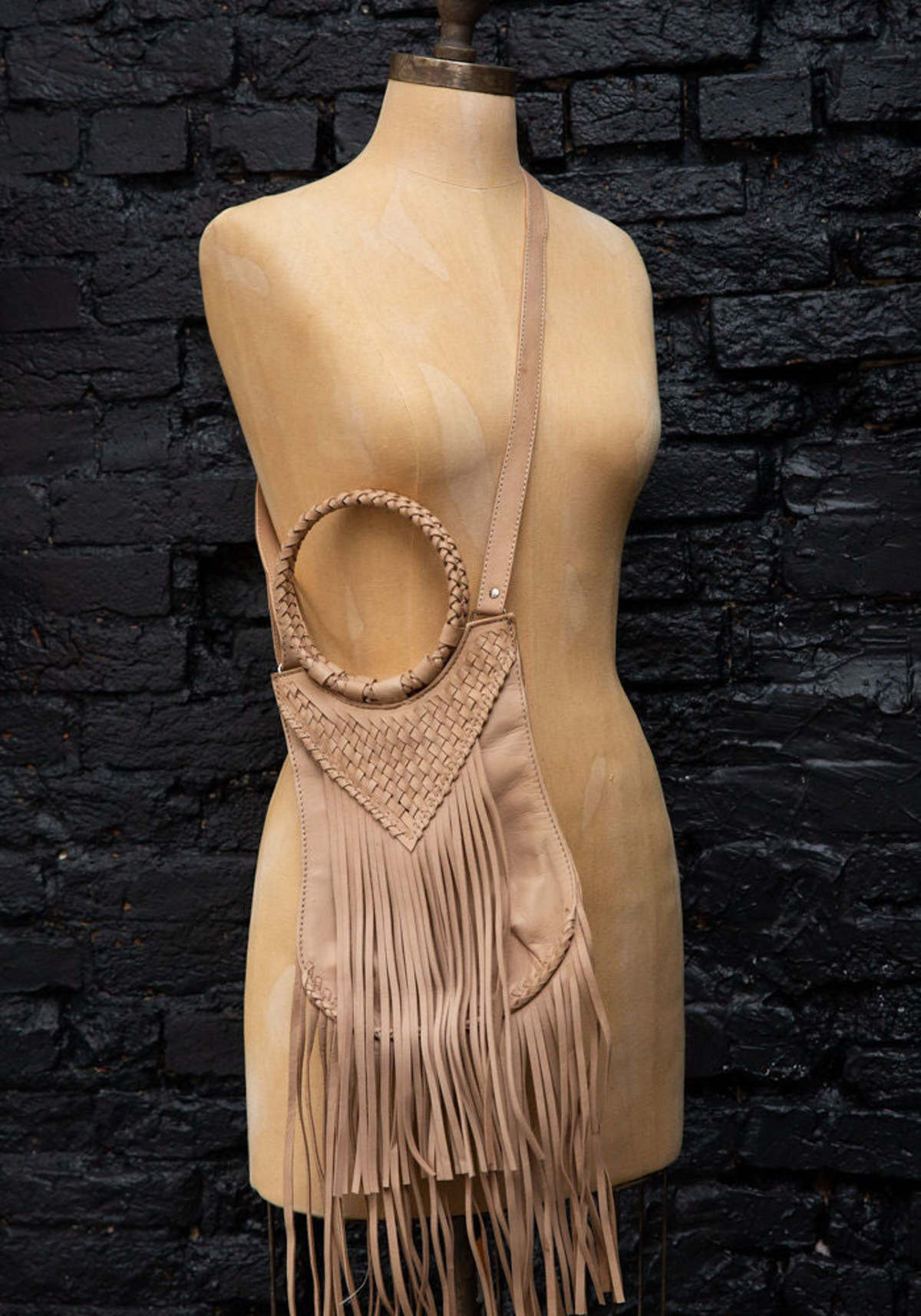 Shroud Collection Leather Woven Long Fringe Bag - Beige | Garmentory