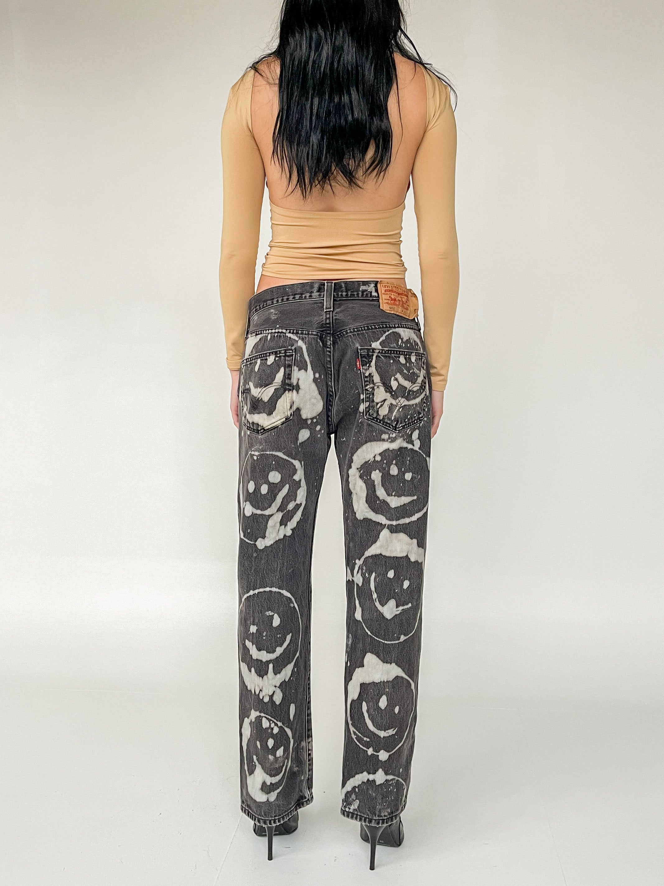 Vintage honey Smiley Face Bleach Dyed Denim - Black | Garmentory