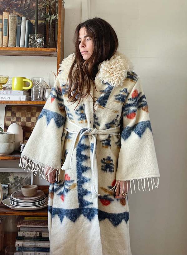 Shearling Peruvian Fringe Trench - Multi Blue/Cream | Garmentory
