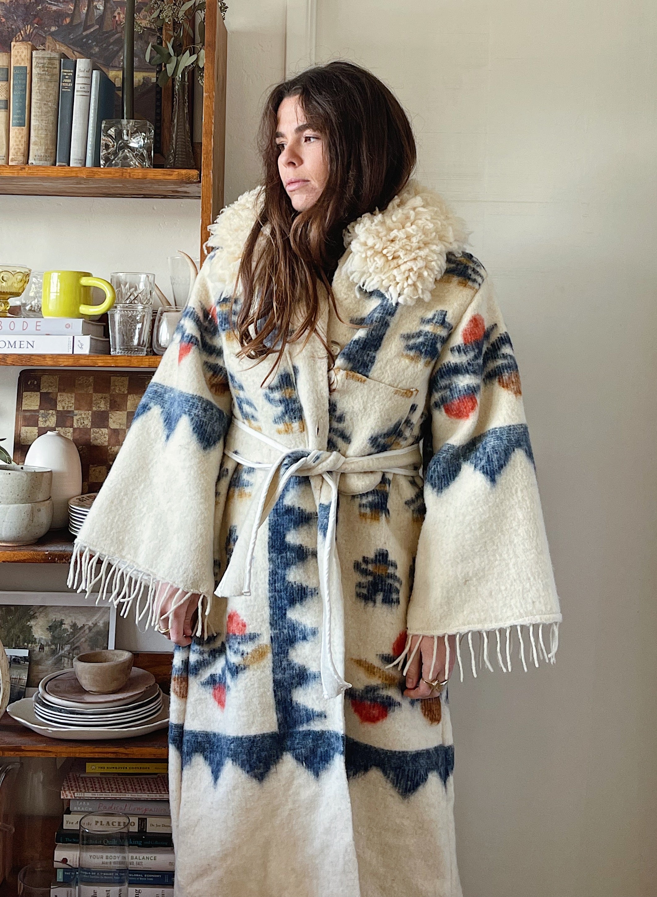 Shearling Peruvian Fringe Trench - Multi Blue/Cream | Garmentory