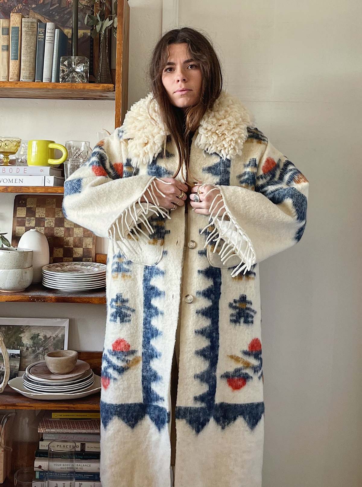 Shearling Peruvian Fringe Trench - Multi Blue/Cream | Garmentory