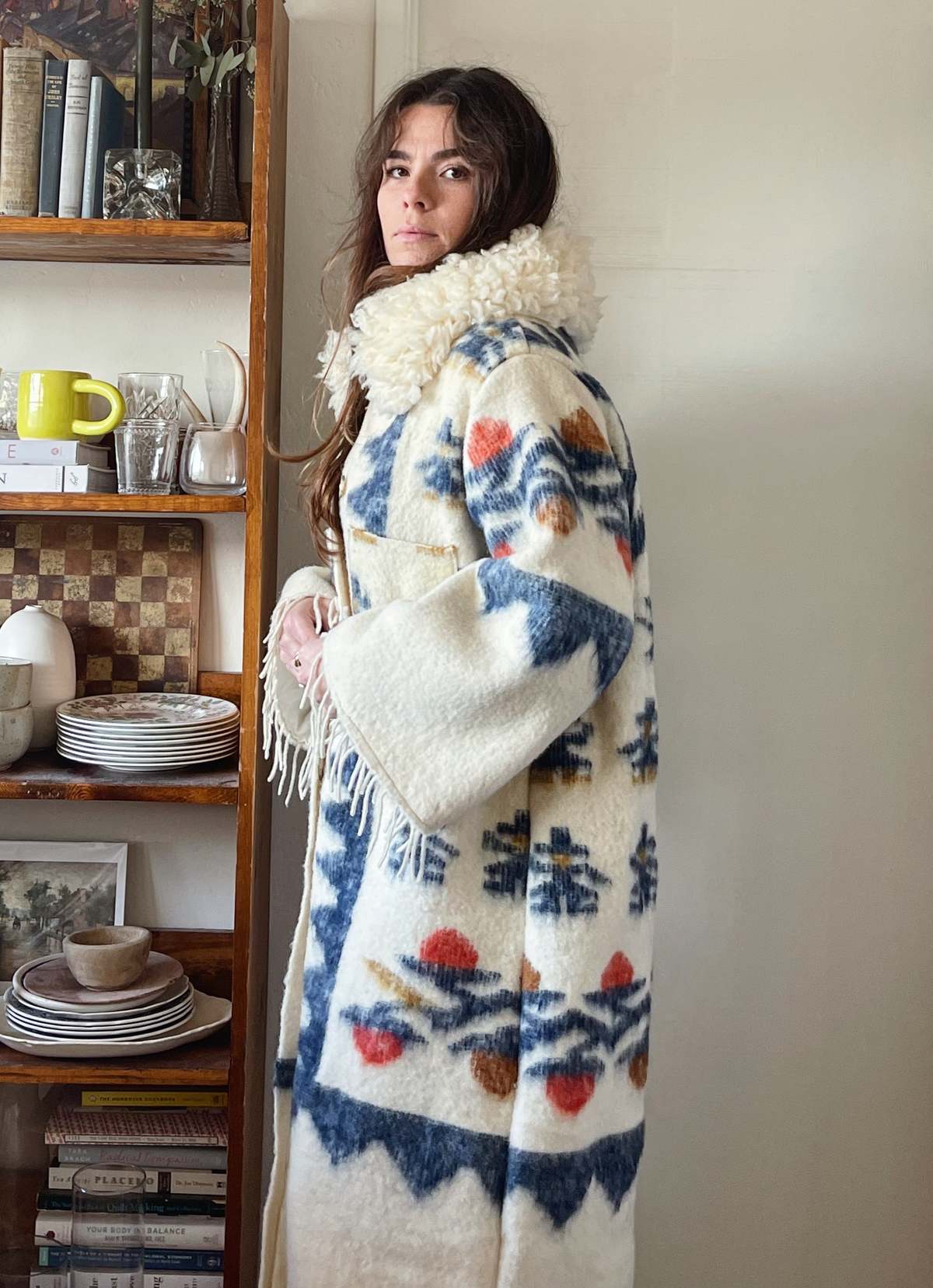 Shearling Peruvian Fringe Trench - Multi Blue/Cream | Garmentory
