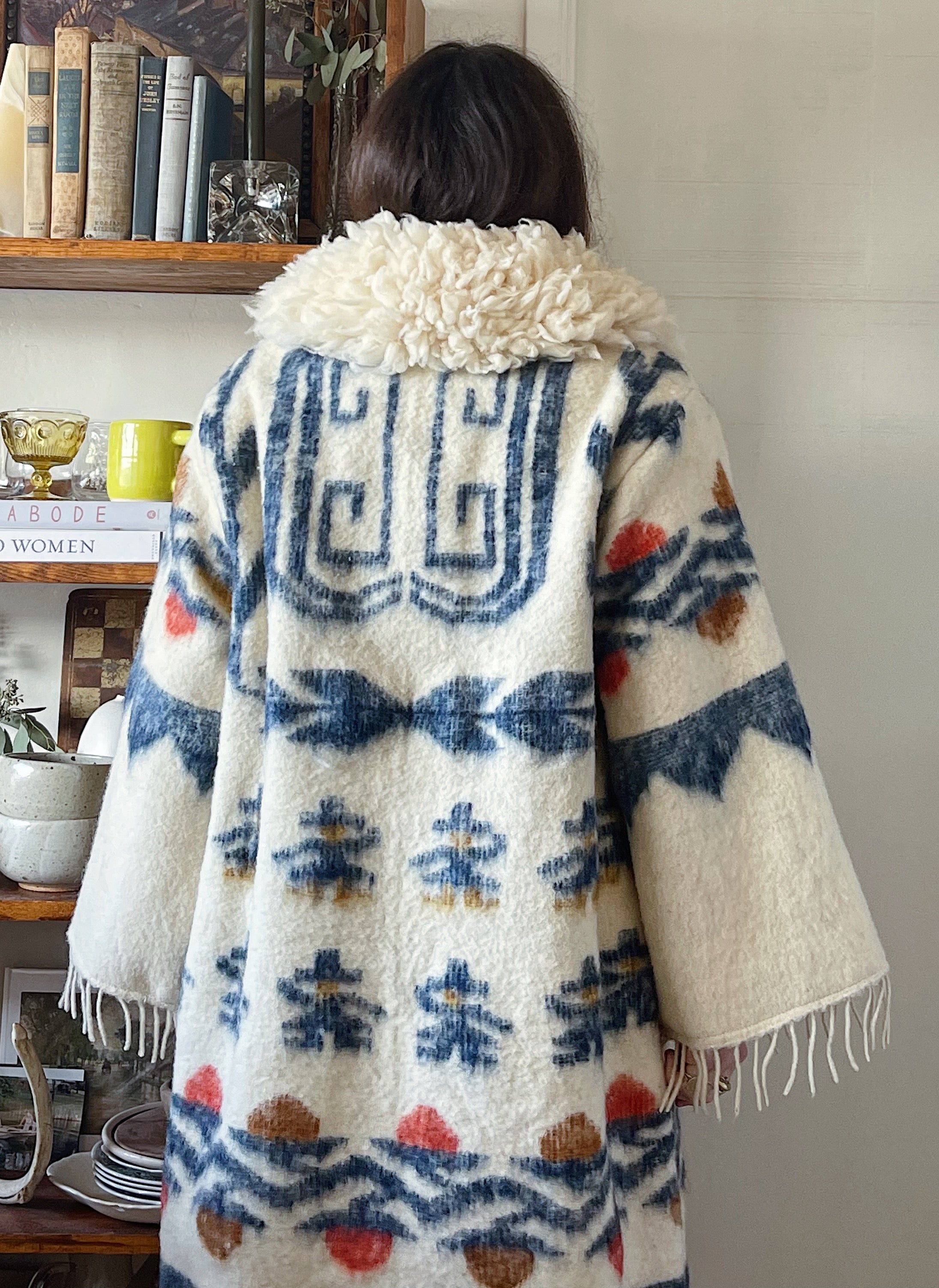 Shearling Peruvian Fringe Trench - Multi Blue/Cream | Garmentory