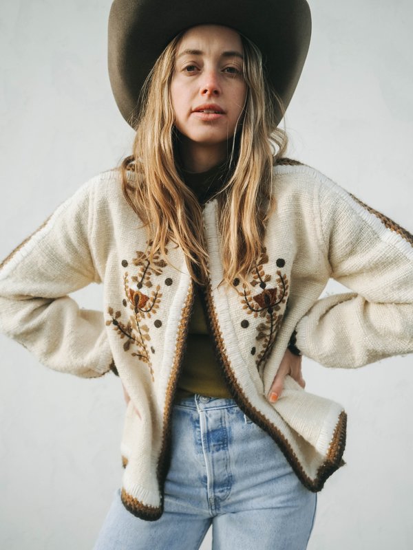 vintage sweater Embroiderd Folk Cardigan - Cream | Garmentory