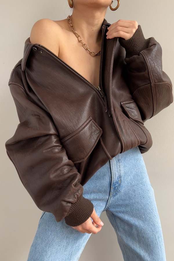 Vintage Leather Bomber Zip Up Jacket - Hickory | Garmentory