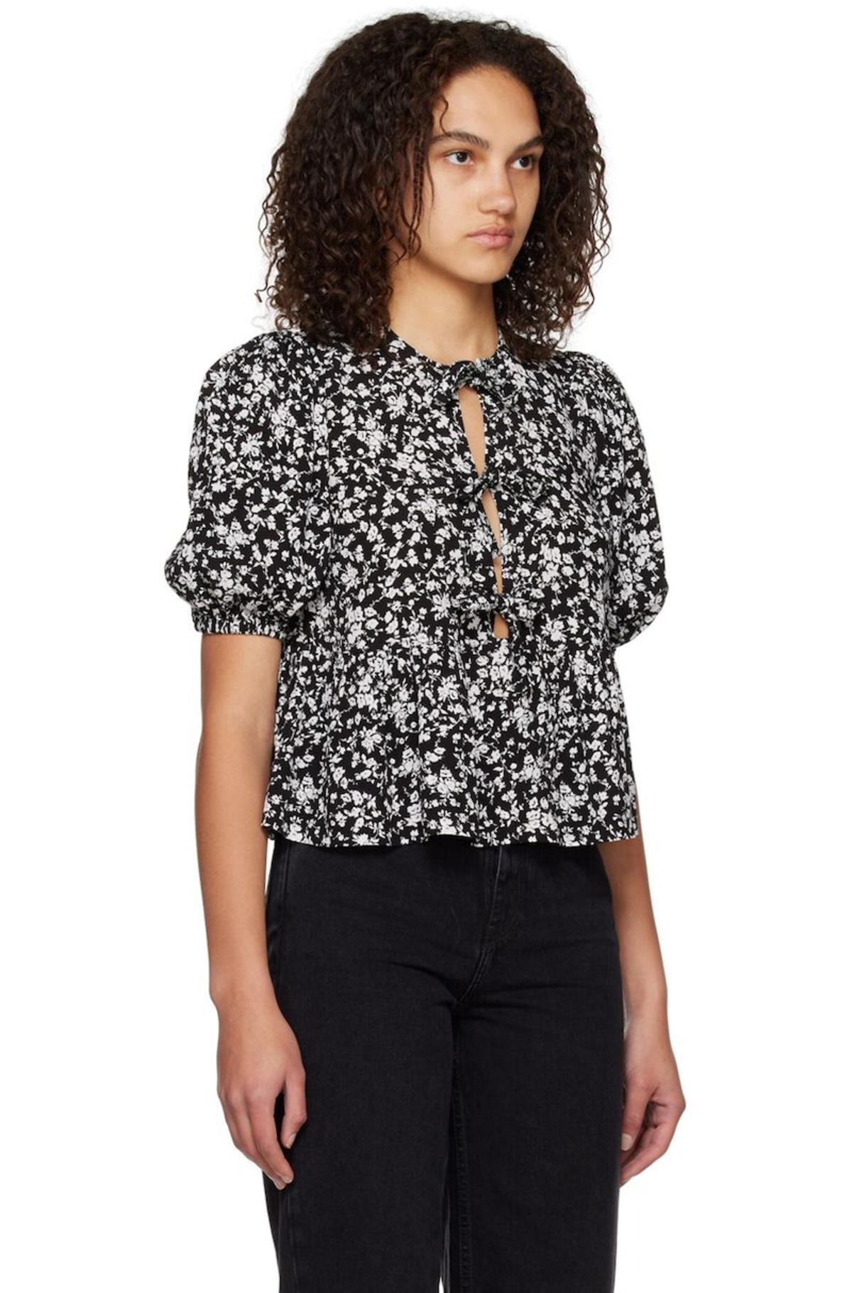 Ganni Peplum Blouse - Black/White | Garmentory
