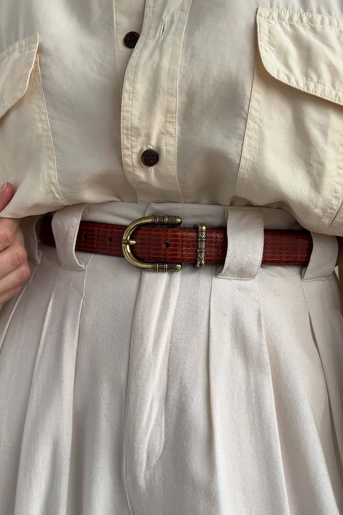 Vintage Embossed Leather Ornate Gold Tone Buckle Belt - Brick | Garmentory