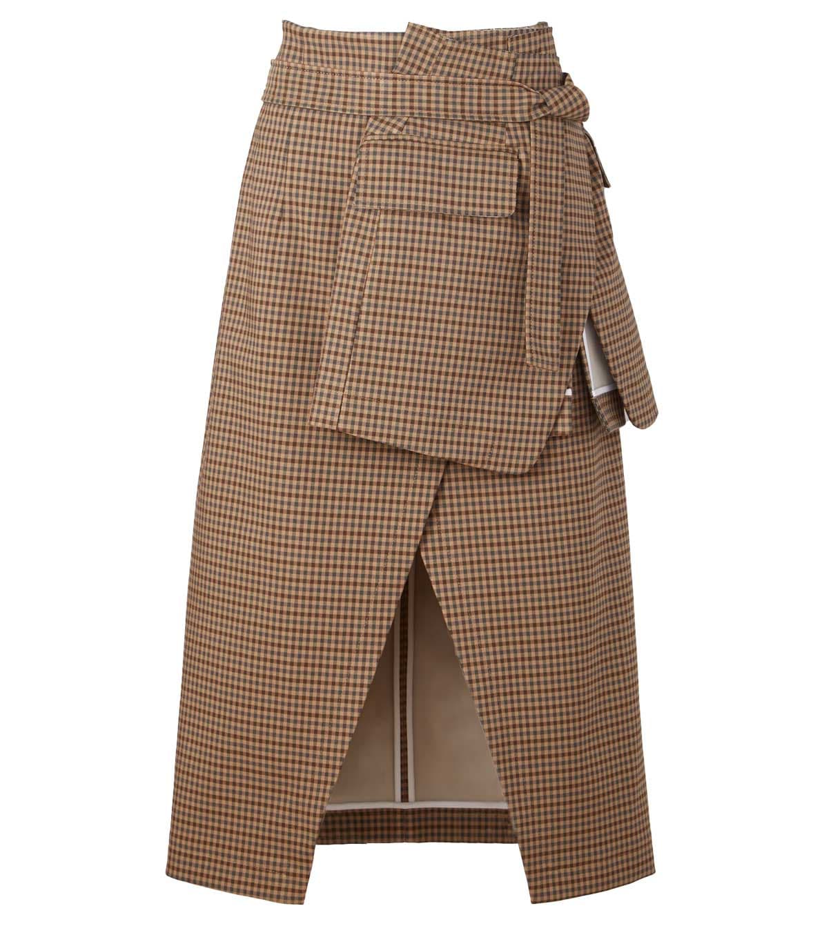 A.W.A.K.E. MODE Wrap Deconstructed Basque Detail Skirt - Beige Gingham ...