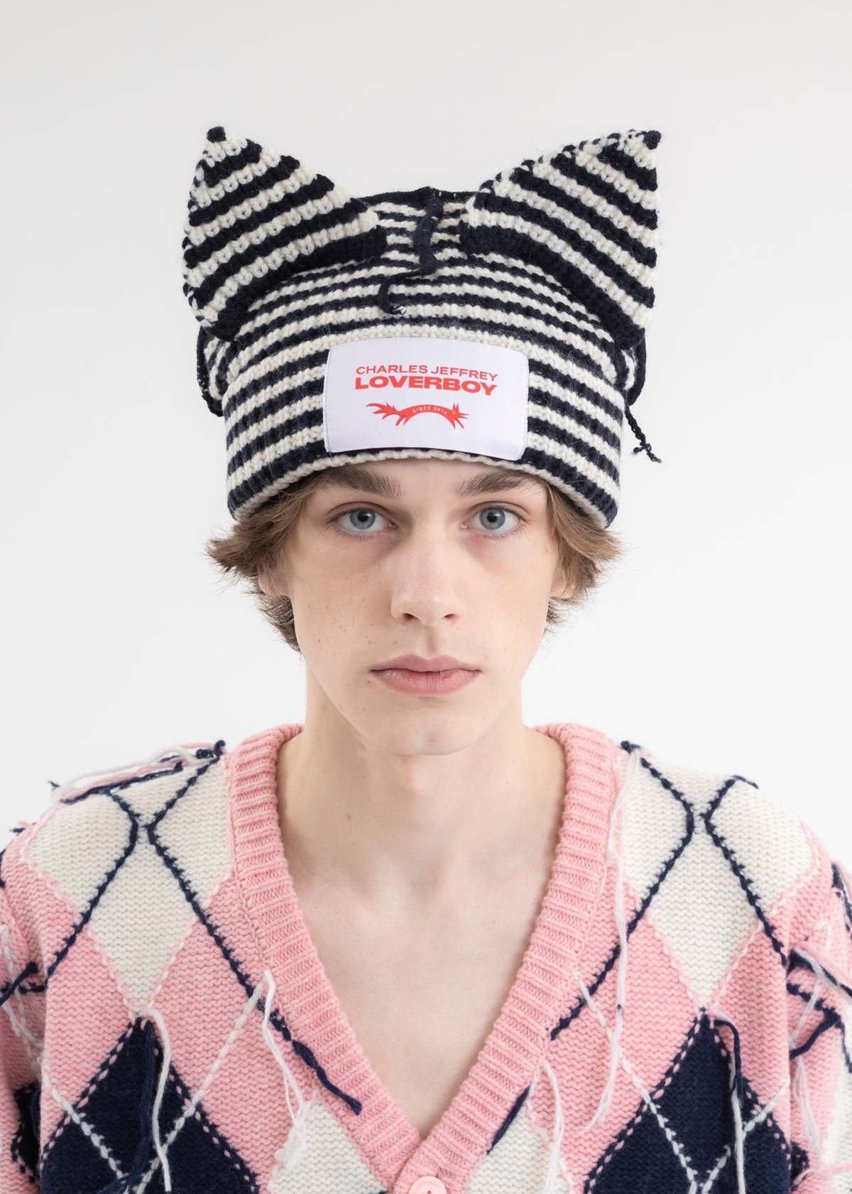 Charles Jeffrey CHUNKY EARS BEANIE - ECRU/NAVY STRIPE | Garmentory