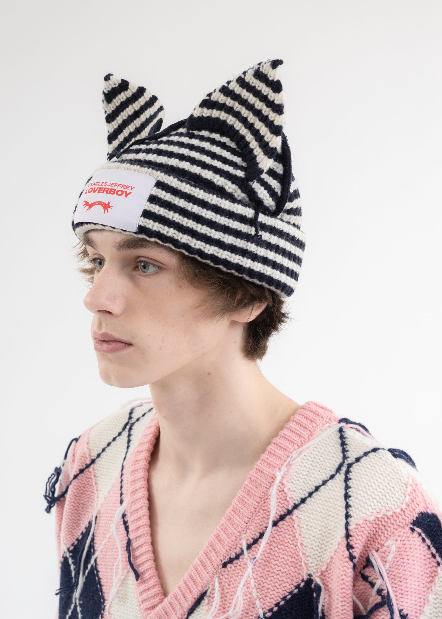 Charles Jeffrey CHUNKY EARS BEANIE - ECRU/NAVY STRIPE | Garmentory