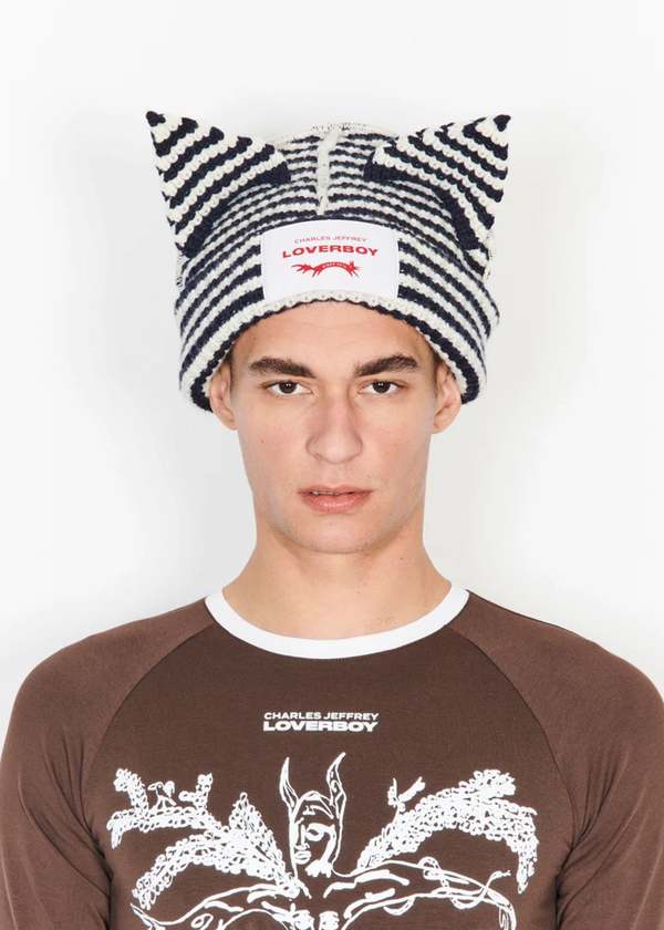 Charles Jeffrey CHUNKY EARS BEANIE - ECRU/NAVY STRIPE | Garmentory
